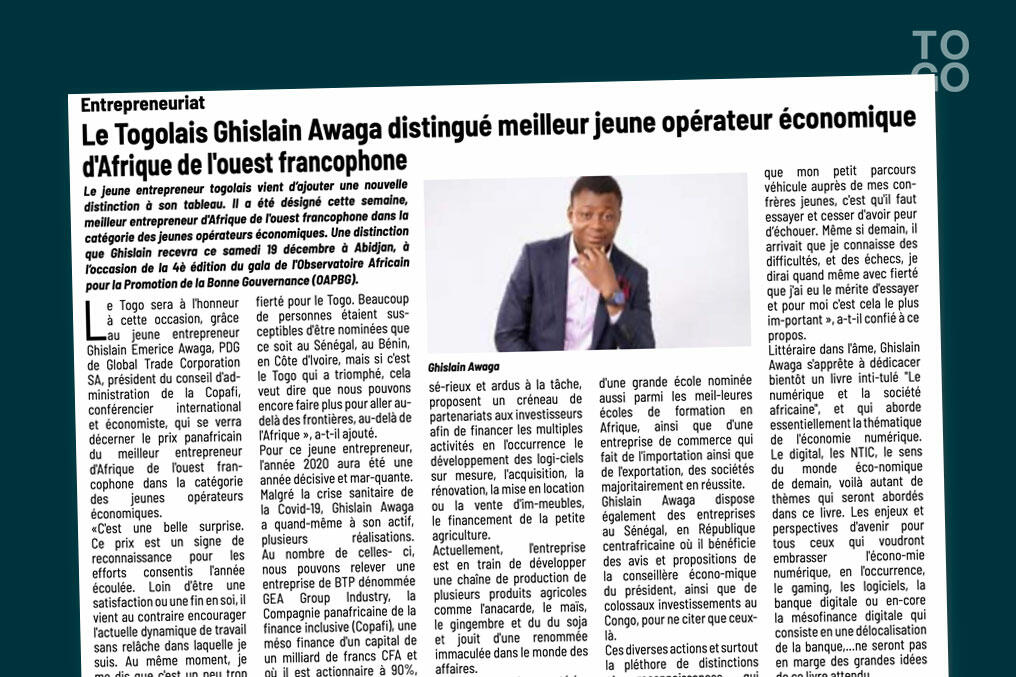 Ghislain Emerice Awaga récompensé - République Togolaise